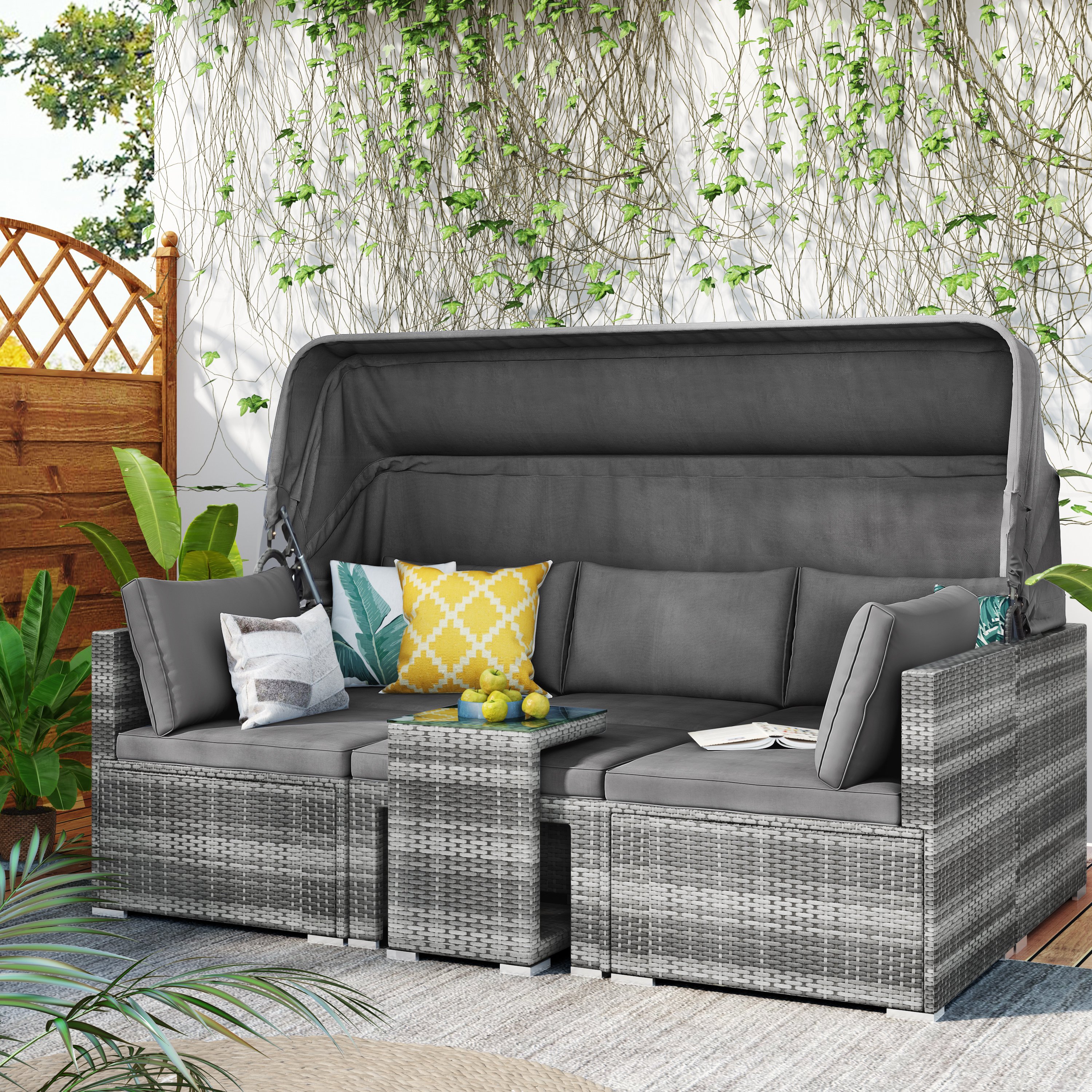 5 Pieces Outdoor Sectional Patio Rattan Sofa Set Rattan Daybed ; PE Wicker Conv